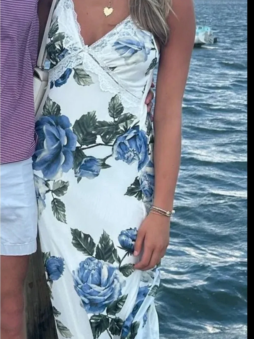Dresses | White Slip Dress With Blue Floral Print | Poshmark